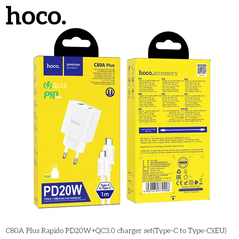 Bộ Sạc Kèm Dây Type-C to Type-C Hoco C80A Plus Rapido PD20W+QC3.0 giá sỉ